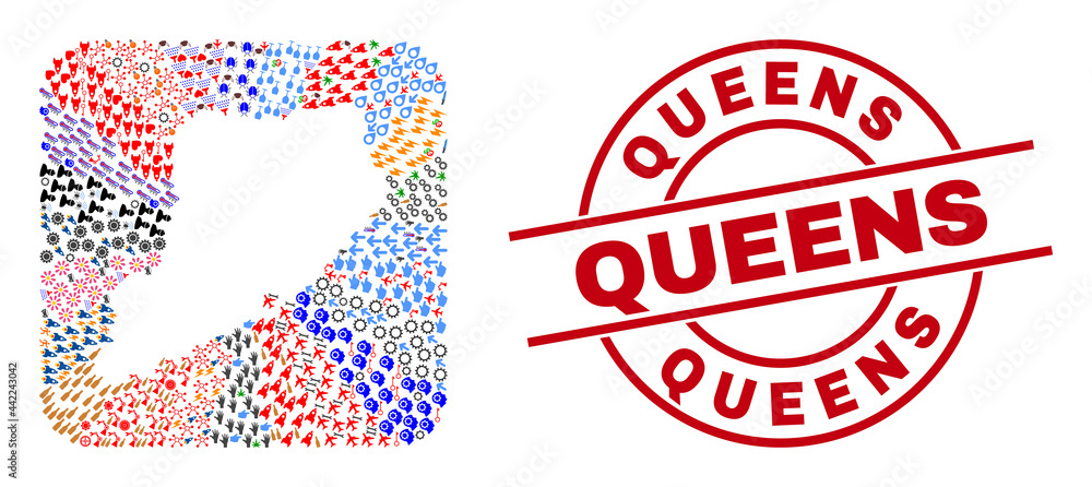 Vector collage Staten Island map of different symbols and Queens seal ...