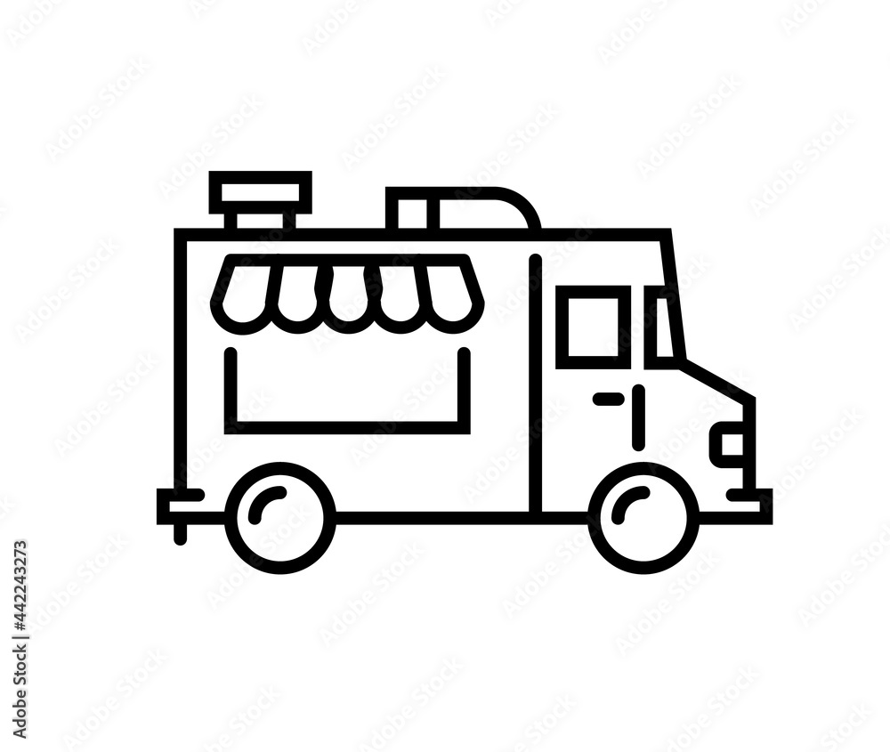 Food truck logo line icon. Vector foodtruck kitchen street van design ...