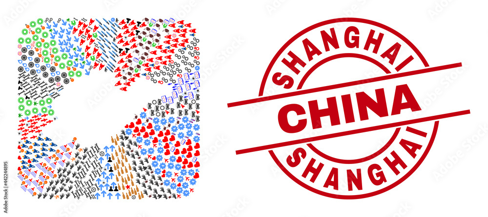Vector collage Shandong Province map of different icons and Shanghai ...