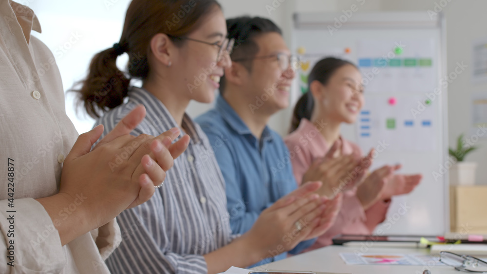 Small group asia female young happy people, sale team work in reskill ...