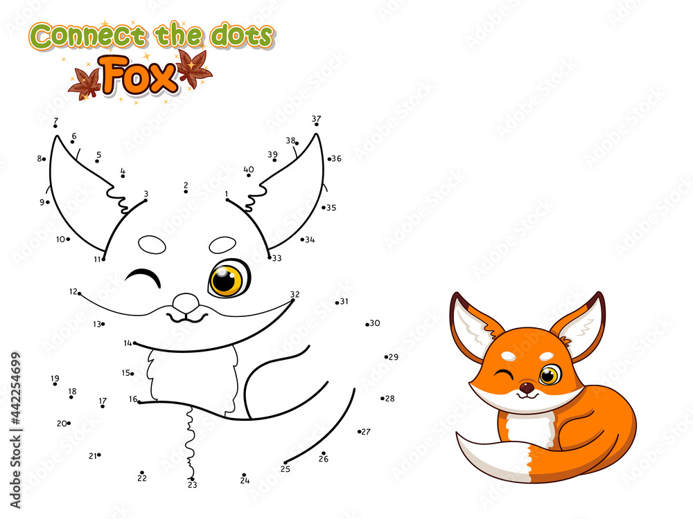 Connect The Dots and Draw Cute Cartoon Fox. Educational Game for Kids ...