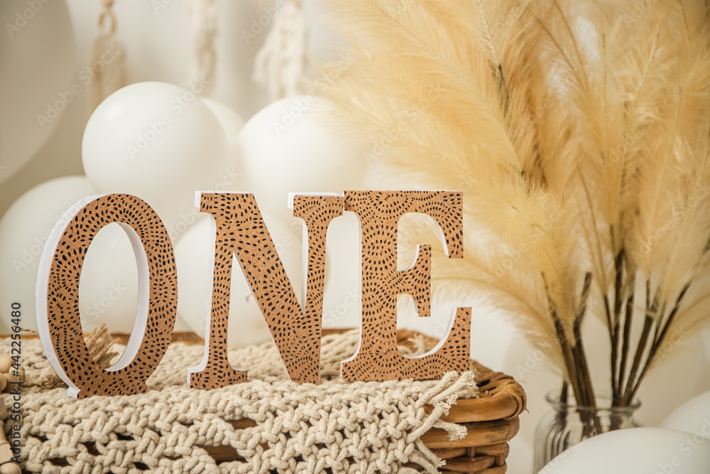 one year birthday studio setup with balloons and decorations Stock ...