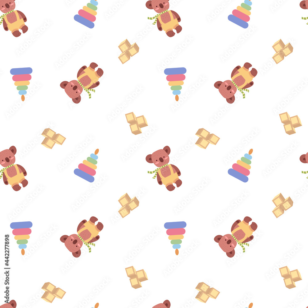 Seamless pattern with children's toys. Teddy bear, cubes and pyramid ...