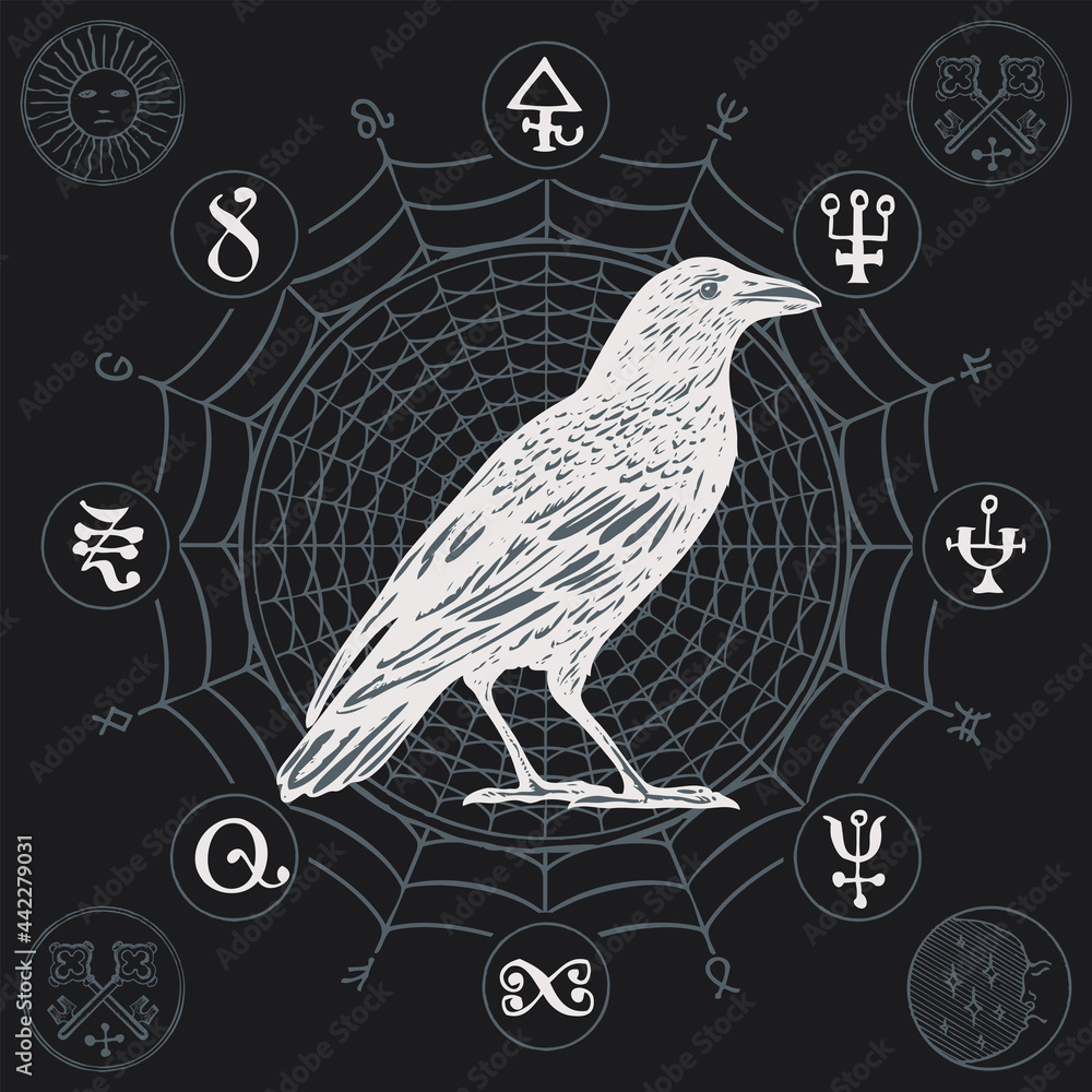 Banner on the theme of witchcraft with a wise white crow in vintage ...