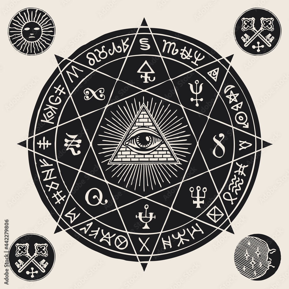 Hand-drawn illustration with an all-seeing eye inside octagonal star ...
