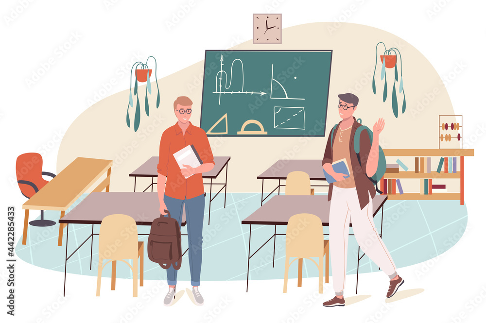 School web concept. Students learns at math lesson at classroom ...