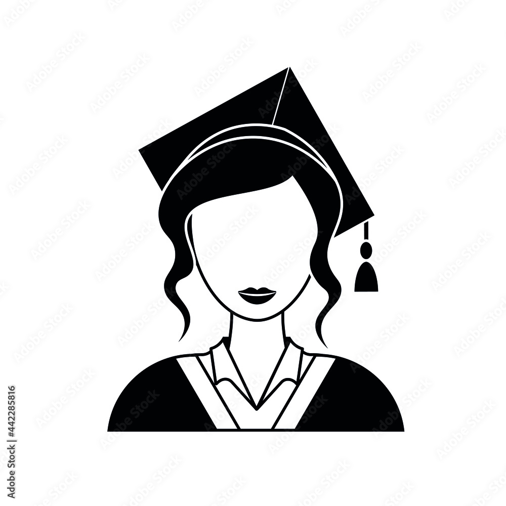 Graduated female flat vector icon. Student wears cap and academic dress ...