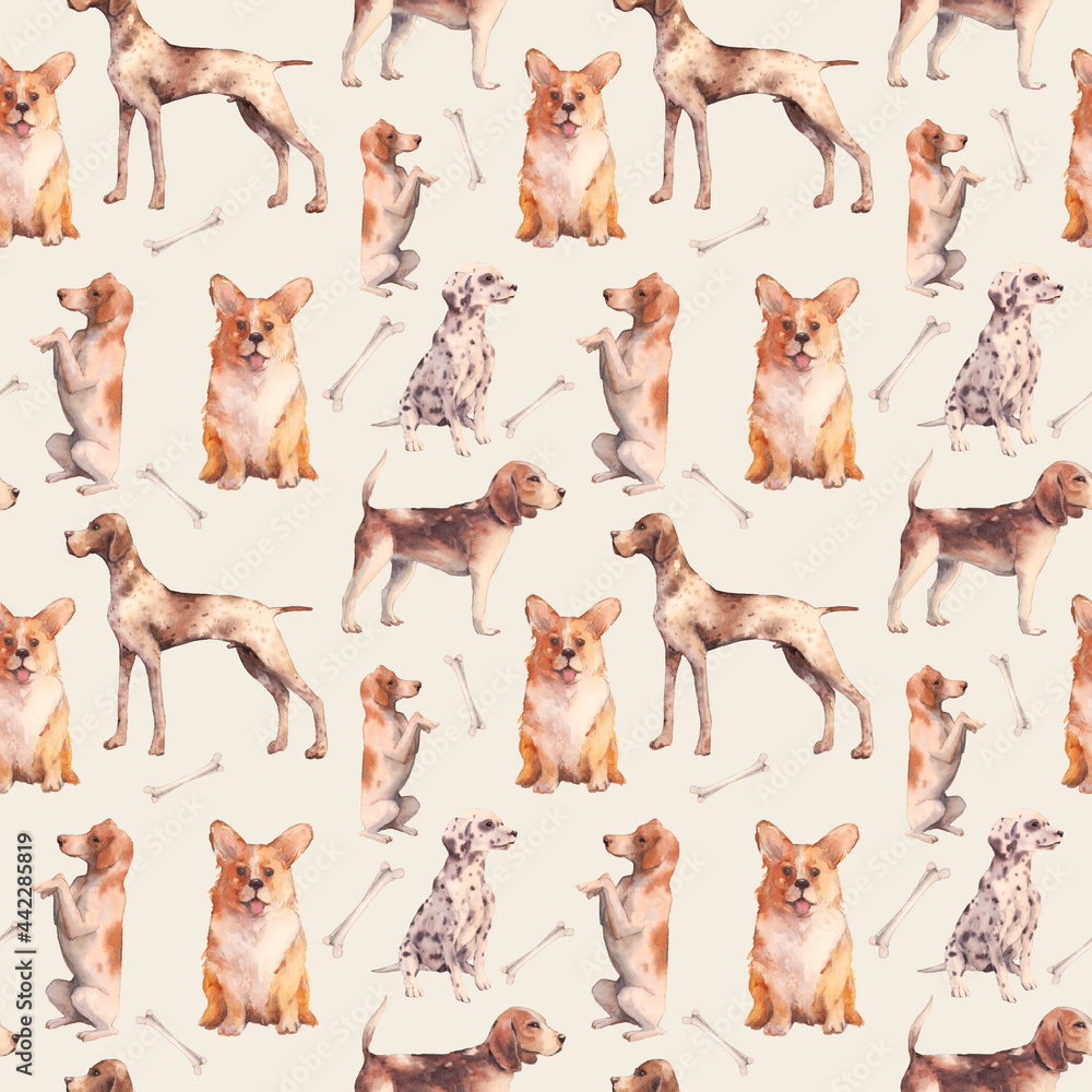 Dogs seamless pattern. Watercolor pet texture. Animals and bones ...