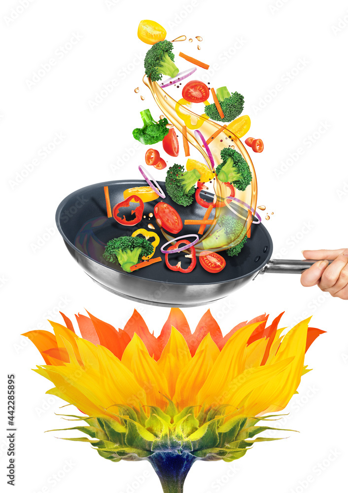 Cooking salad on sunflower flame using sunflower oil. A creative and ...