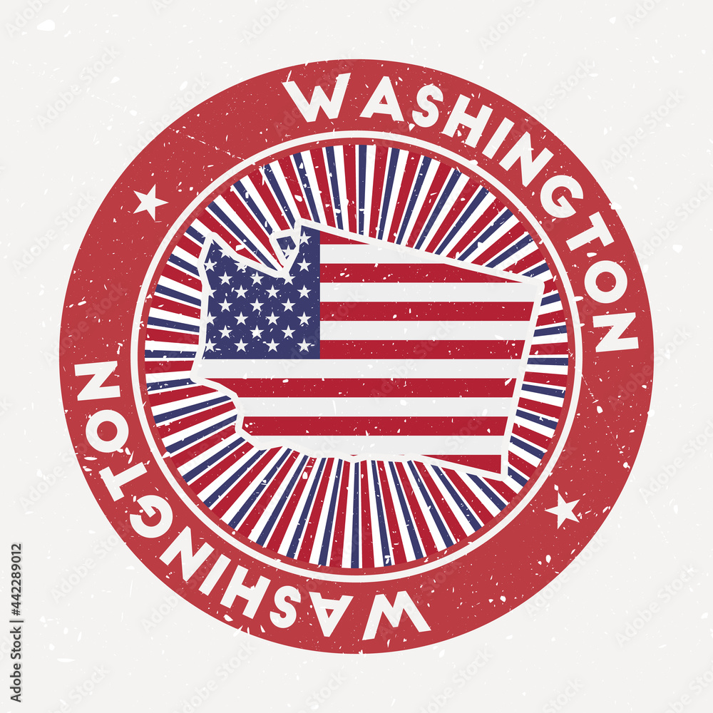 Washington round stamp. Logo of us state with flag. Vintage badge with ...