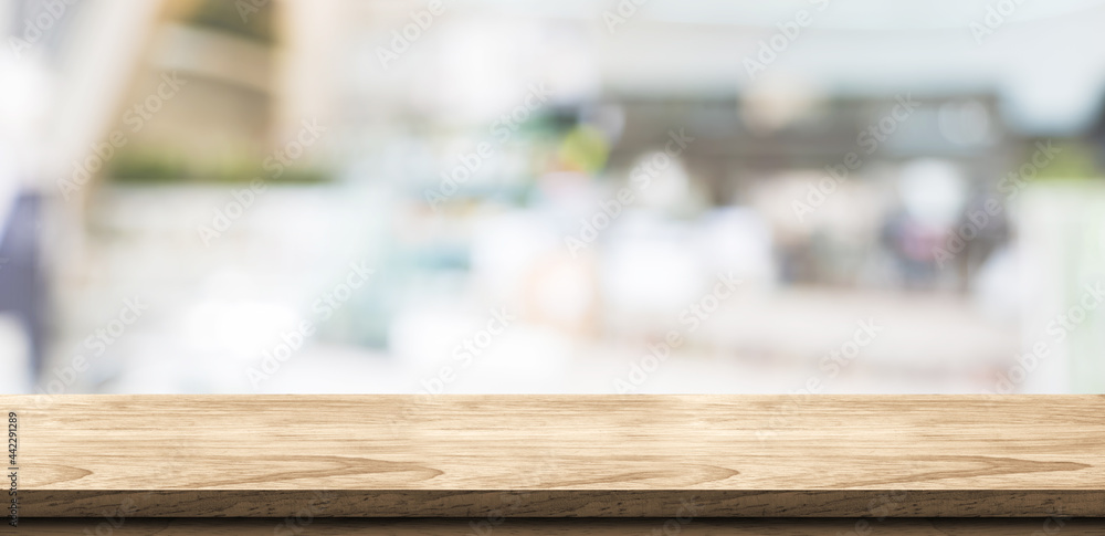 Empty wood table in coffee shop background bokeh light .Mock up for ...
