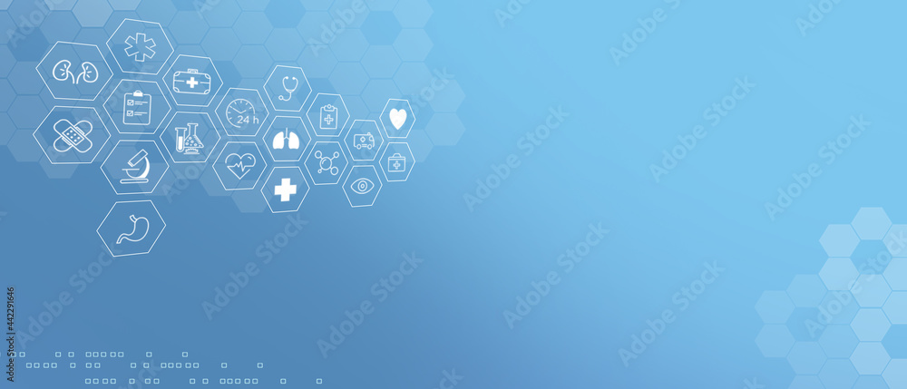 Abstract geometric blue medical background with with hexagons and set ...