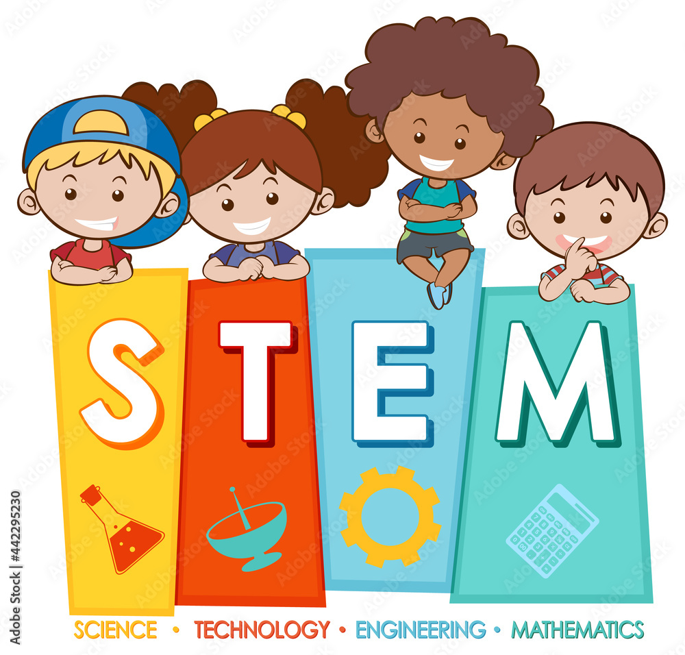 STEM education logo banner with kids cartoon character Stock Vector ...