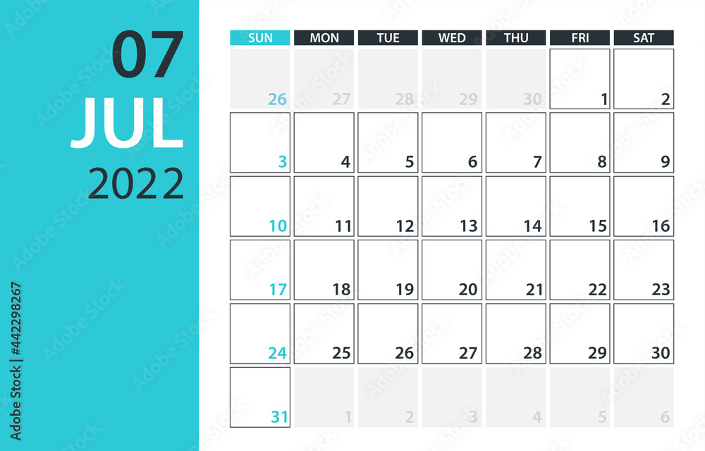 July 2022 Calendar Planner - vector illustration. Template. Mock up ...