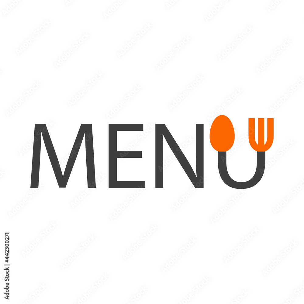 Logo con palabra Menu con tenedor y cuchara con forma de letra U en ...