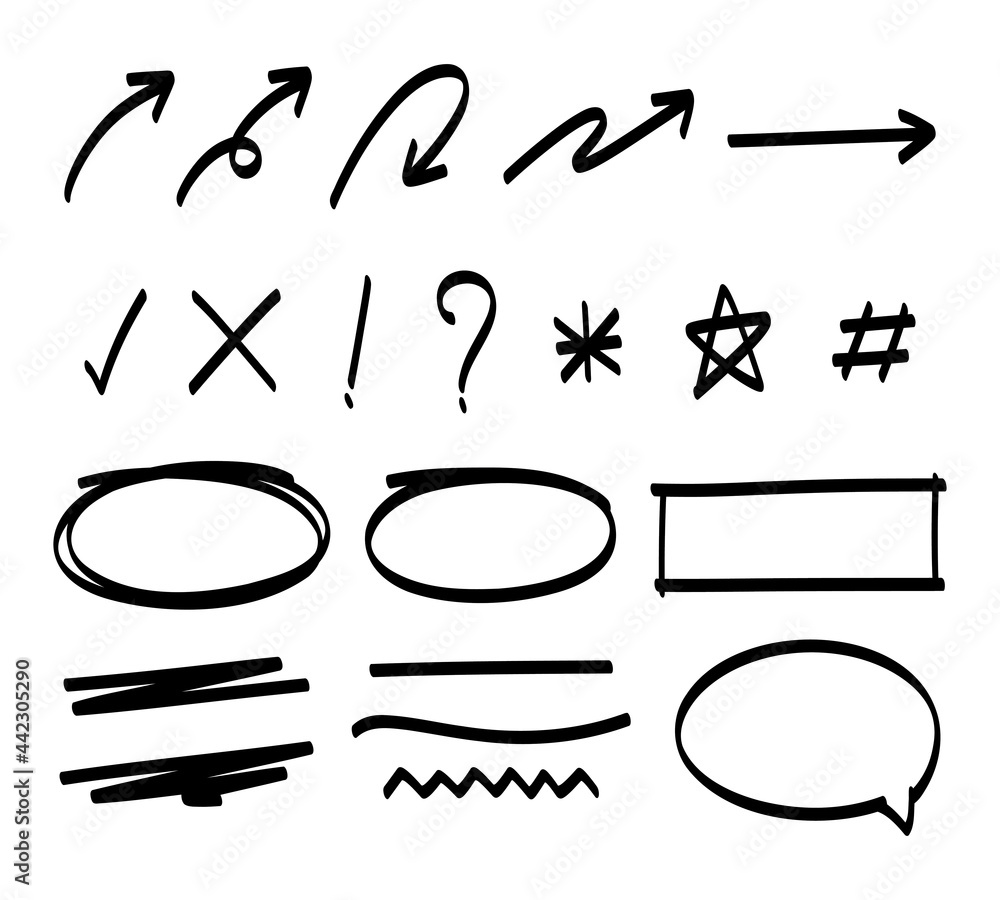 Hand drawn marker pen icon set including arrow, check mark, cross mark ...