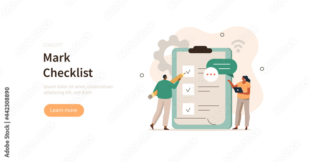 People characters holding pencil and filling big checklist. Man putting ...