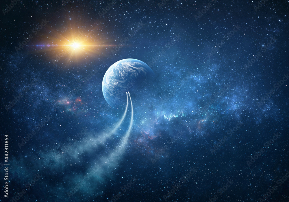 Spaceships traveling into deep space, exploring Universe, stars ...