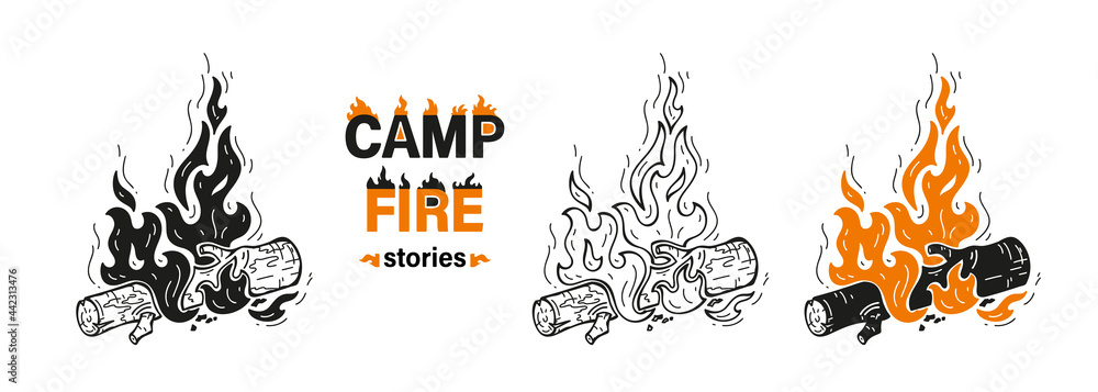 Wood Campfires and Campfire Stories inscription. Outdoor Bonfire. Fire ...