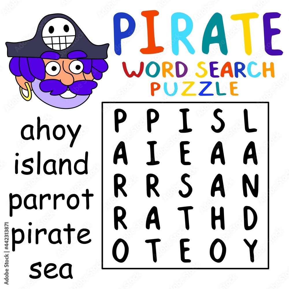 Pirate Word Search Puzzle For Preschool Kids Vector Illustration Stock