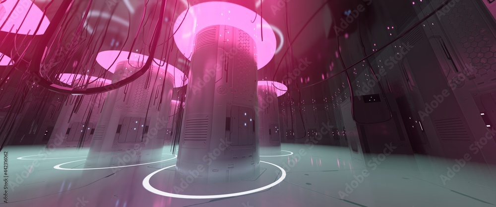 Futuristic power station. Metal pillars with wires glowing with pink ...