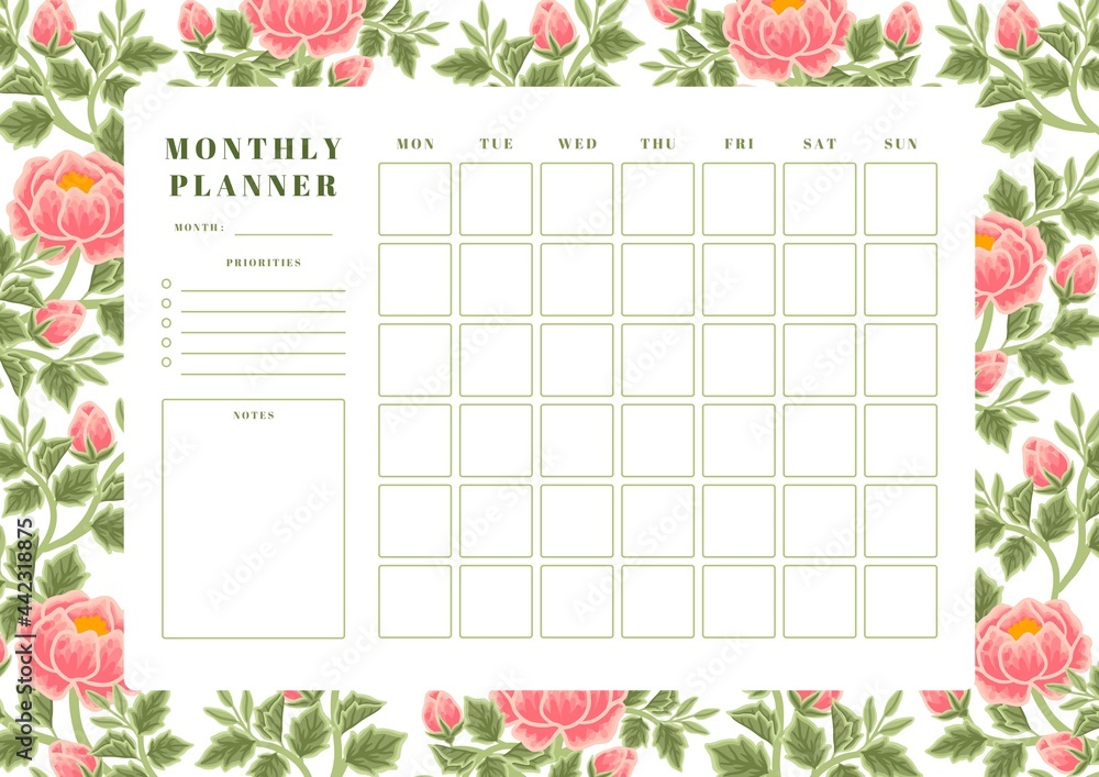 Printable vintage floral monthly planner vector template with rose ...