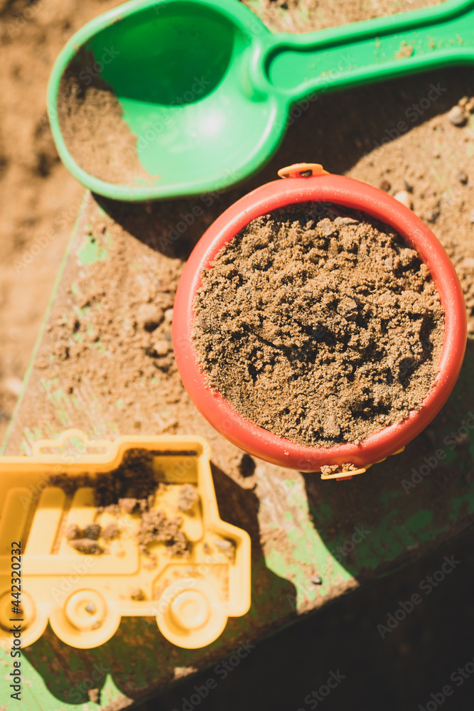 Bucket With Sand, Shovel And Form On Sandpit In Spring Top View. Stock ...