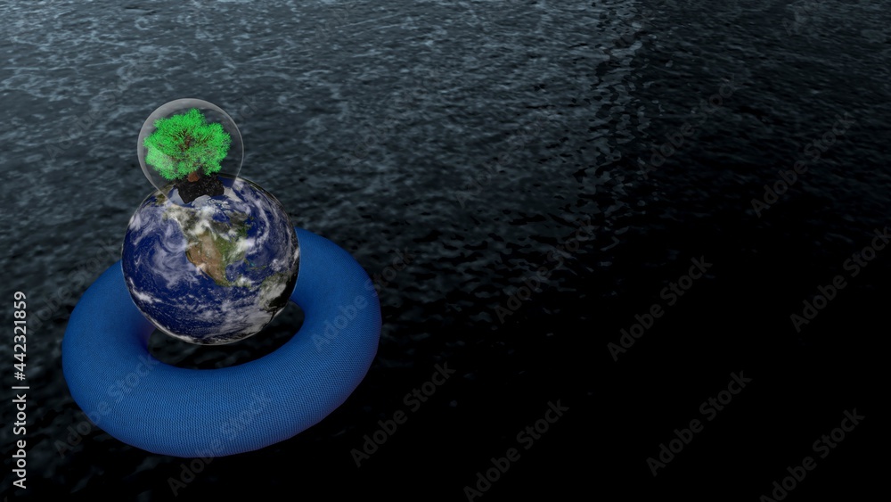 3D illustration of Planet Earth globe floating with floating ring over ...