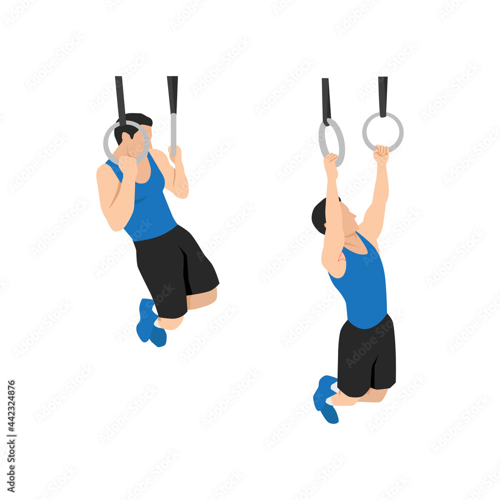 Man doing Gymnastic ring pull ups exercise. Flat vector illustration ...