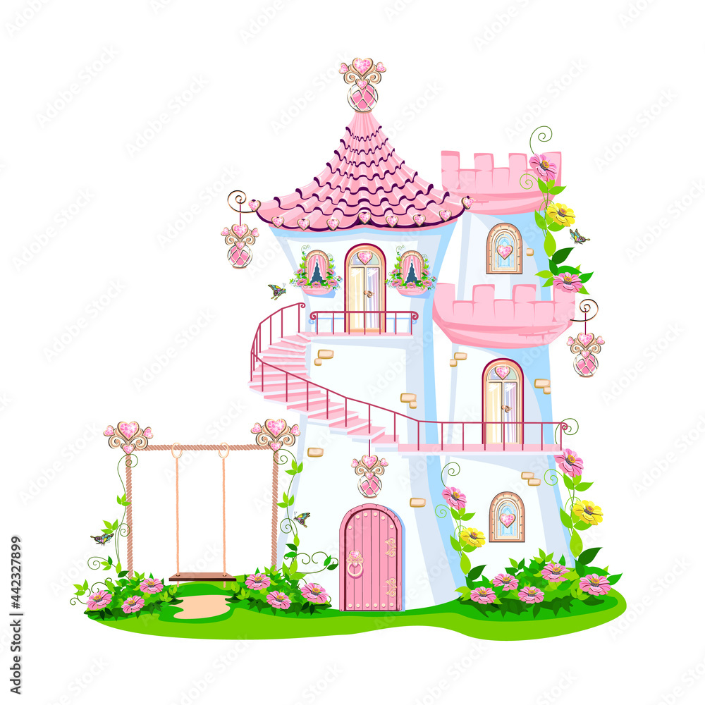 Fairy tale castle of a beautiful princess with a spiral staircase ...