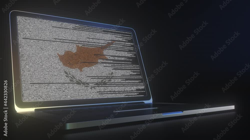 Flag of Cyprus made with computer code on the laptop screen. Hacking or ...