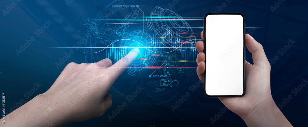 Hand holding mobile phone and touching the glow light screen Data ...
