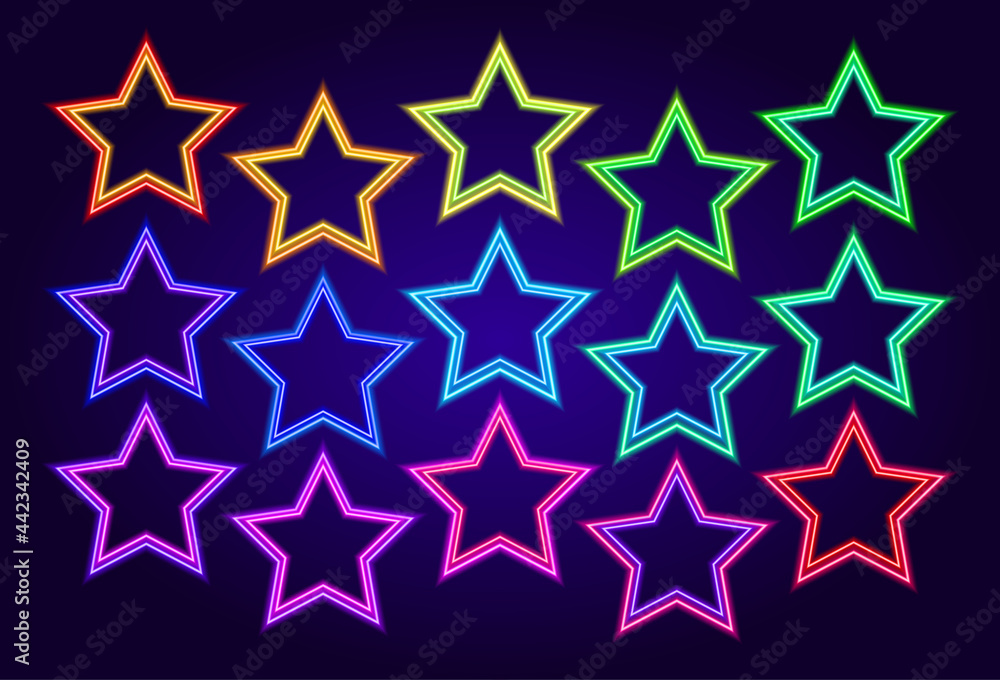 Vector set of multi-colored neon stars double contour in vintage style ...
