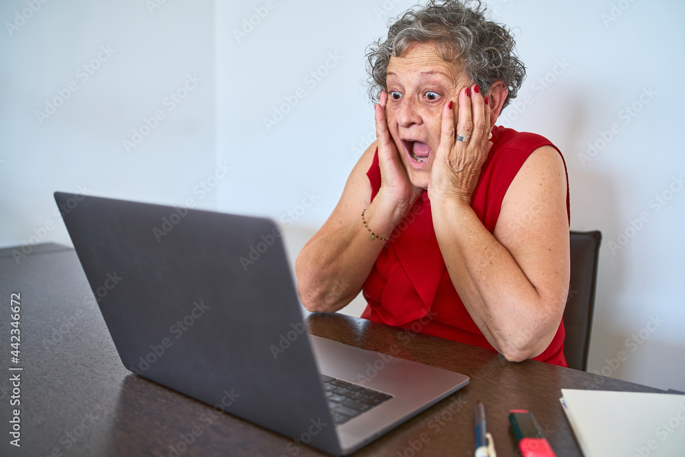 Portrait of shocked senior woman looking at computer holding hands next ...