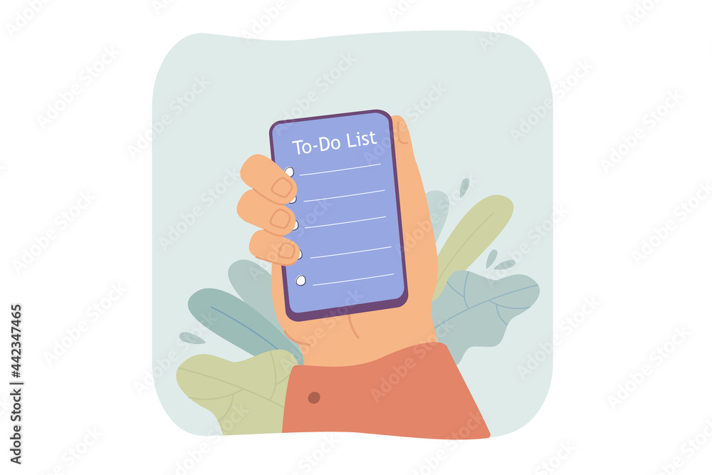 Hand holding smartphone with to do list on screen. Flat vector ...