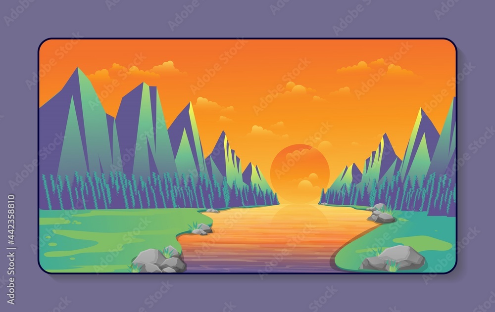 Sunset scene landscape illustration.Landing page design used for Web UI ...