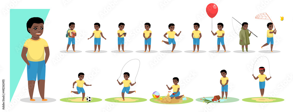Little african american boy in various gesture expression poses. Male ...