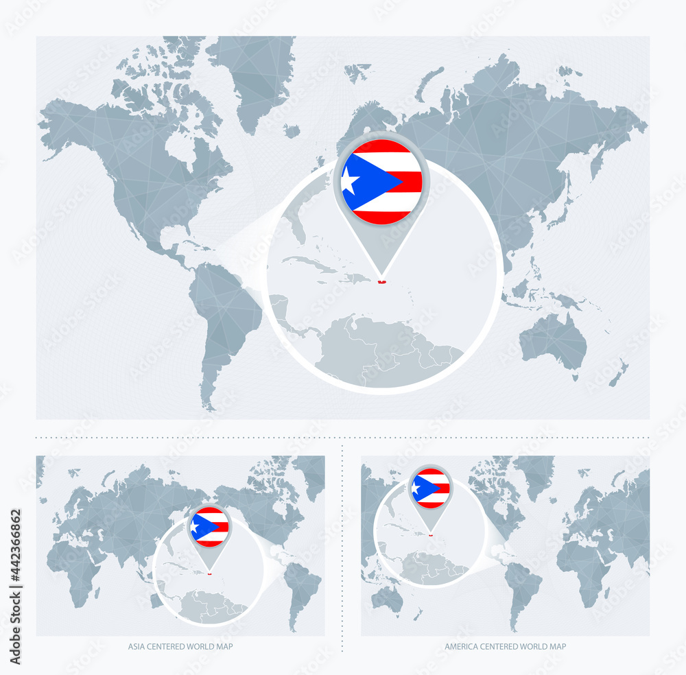 Magnified Puerto Rico over Map of the World, 3 versions of the World ...