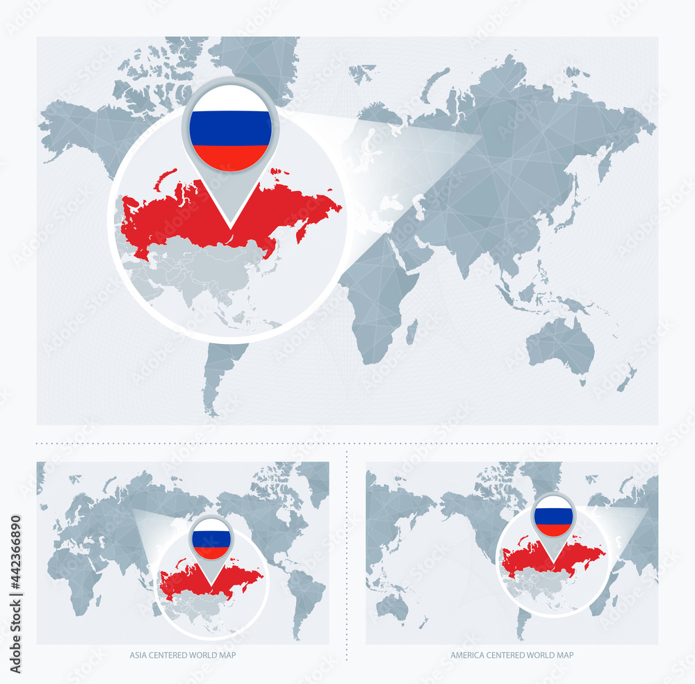 Magnified Russia over Map of the World, 3 versions of the World Map ...