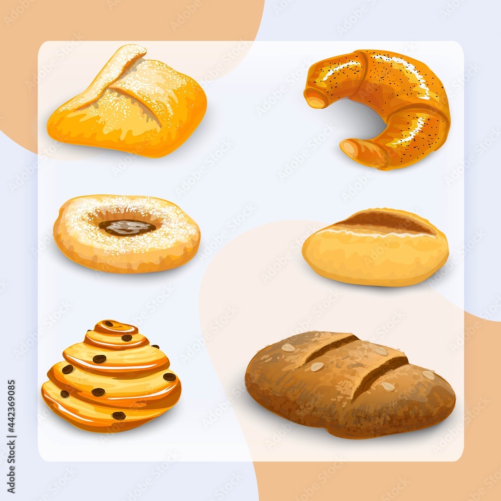 Bakery bread and pastry set with donut chocolate bagel and croissant ...