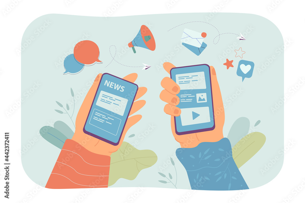 Hands holding phones with news or blogs on internet. Social media icons ...