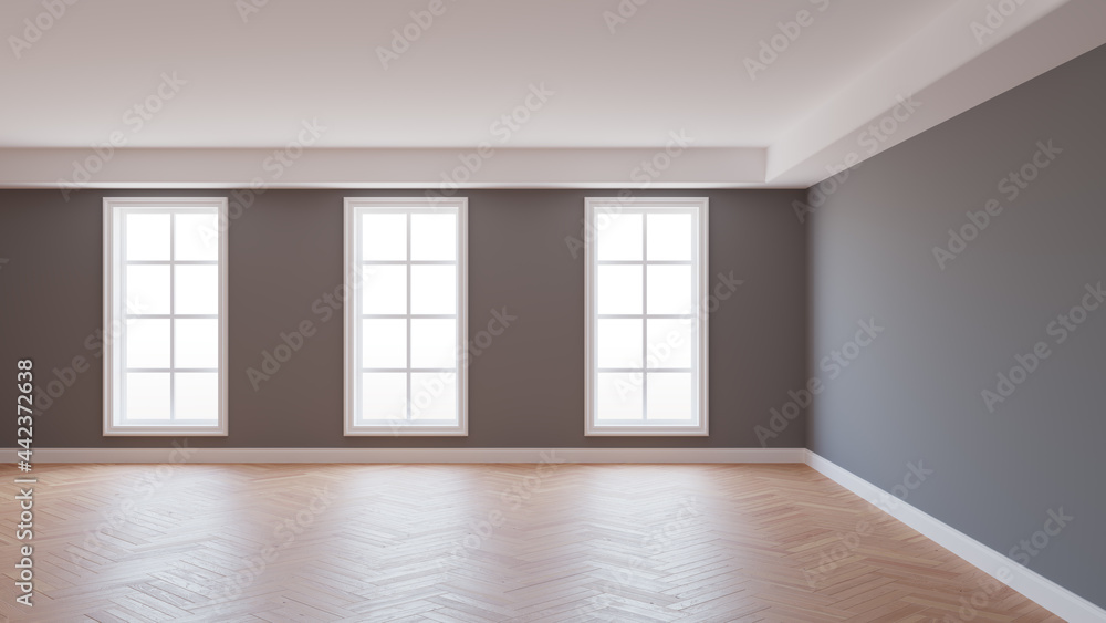 Empty Interior with Grey Walls, Three Large Windows, Light Parquet ...