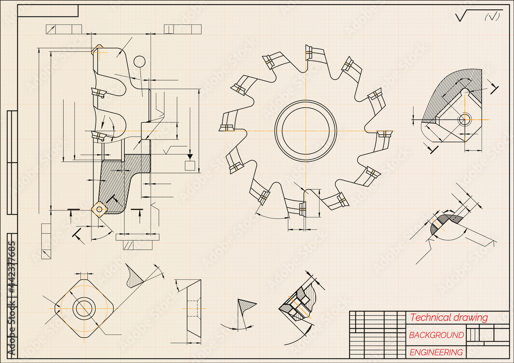 Mechanical engineering drawings on beige technical paper background ...