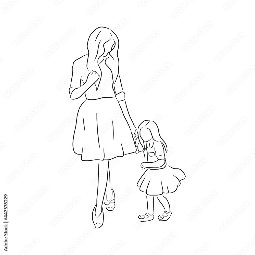line drawing of mother holding children to walk Stock Vector | Adobe Stock