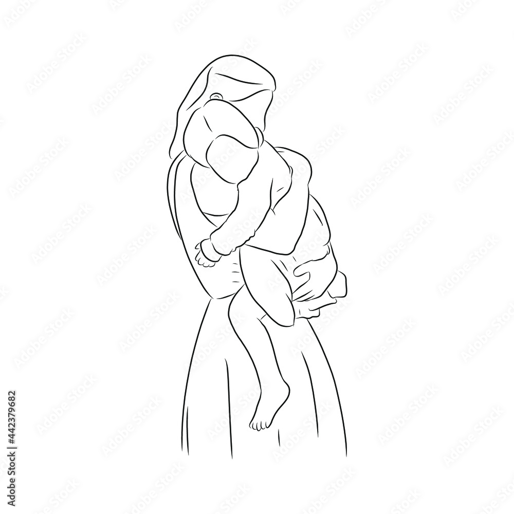 line drawing of mother hugged and carried her child Stock Vector ...