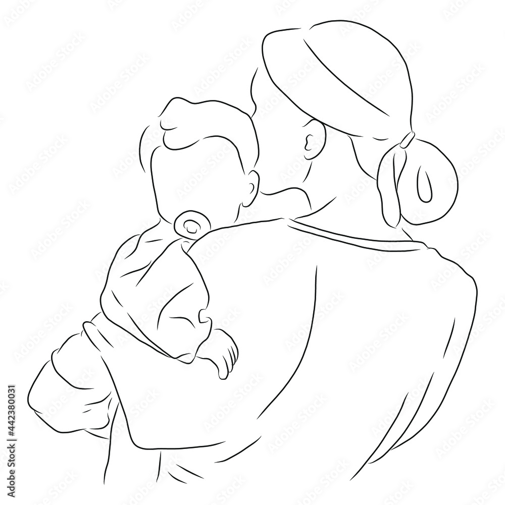 line drawing of mother hugs and kisses children Stock Vector | Adobe Stock