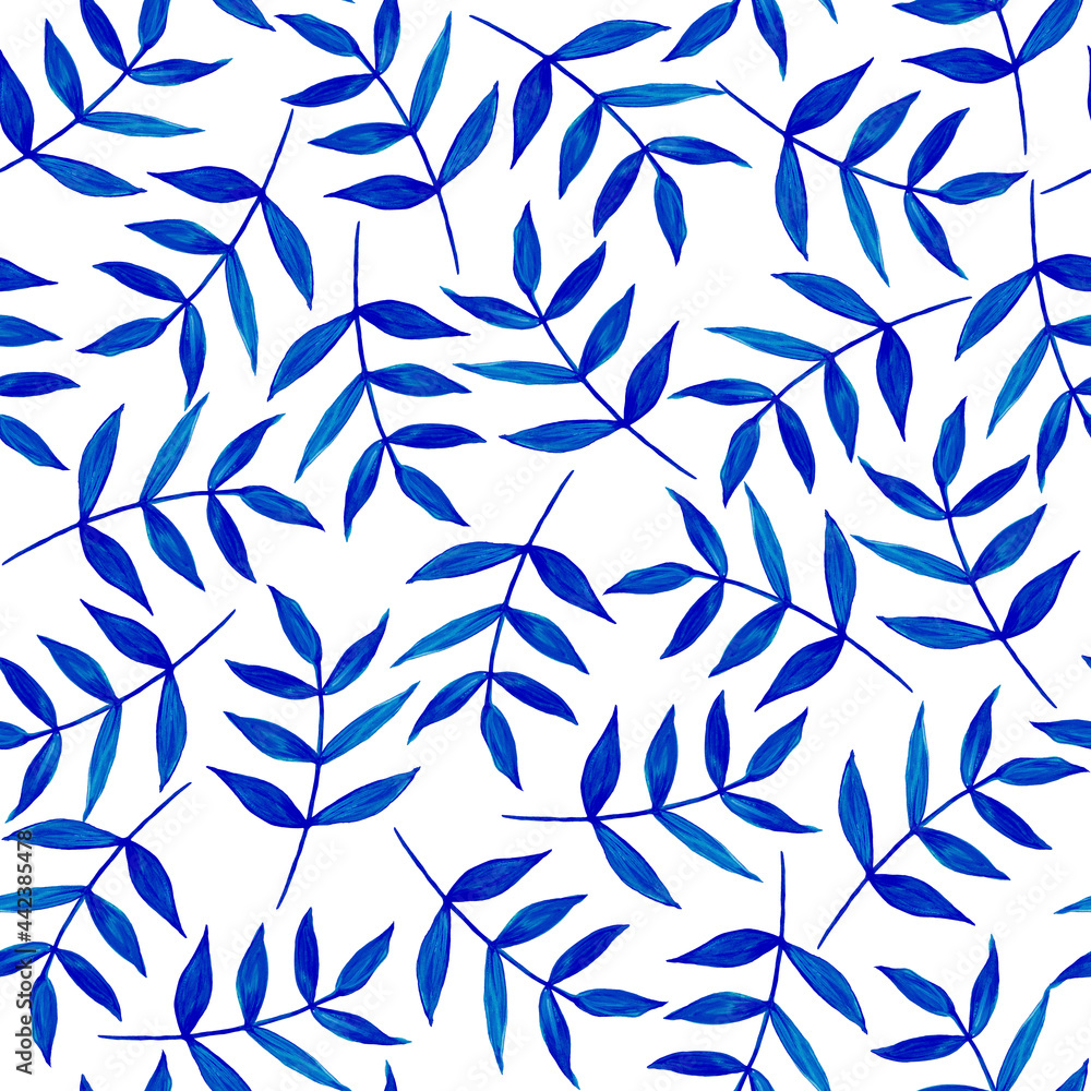 Simple blue leaves and branches on a white background. Seamless pattern ...