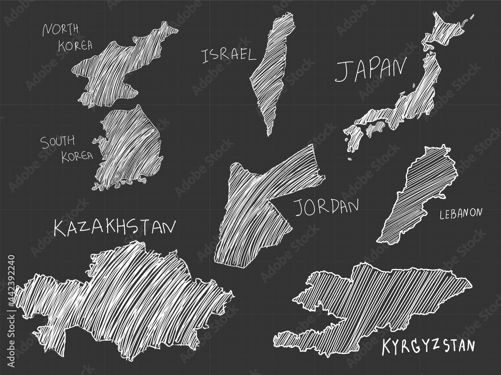8 of asia map white line freehand sketch on black background. Stock ...