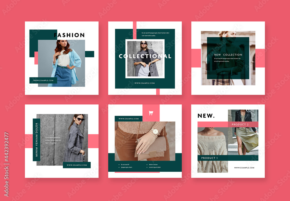 Square Social Layouts with Red and Green Accent Stock Template | Adobe ...