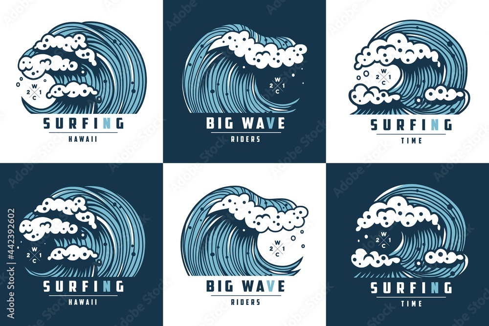 Tropical wave for surfing. Set of hawaii summer tide with foam for ...